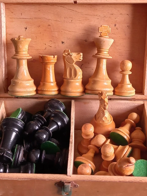 VINTAGE WOODEN HANDMADE Chess Set In Wooden Box (No Board) £42.31 ...