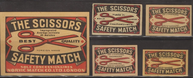 MATCHBOX LABELS CZECHOSLOVAKIA- The Scissors x5 different, red/black ...