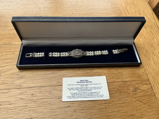 RARE - STERLING Silver Ladies Wristwatch Gianni Vecci Bracelet PEARL ...