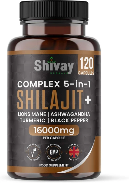 SHILAJIT 16000MG COMPLEX 5 in 1 with Ashwagandha + Lions Mane | 120 ...