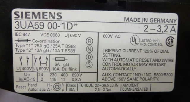 SIEMENS OVERLOAD RELAY 3UA59 00-1D 2 - 3,2A $57.43 - PicClick CA