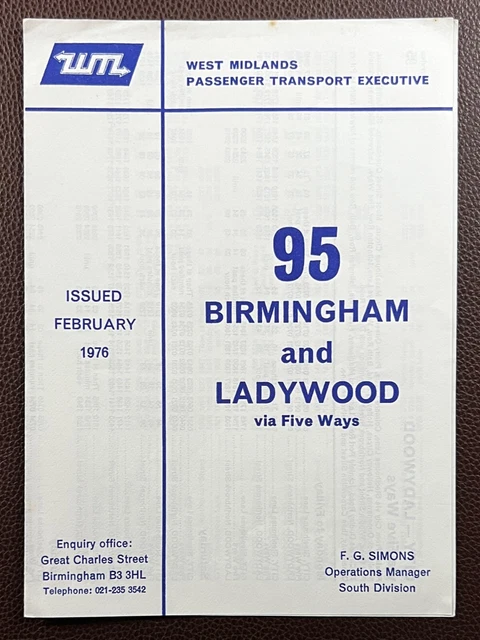 1976 WEST MIDLANDS Passenger Transport Bus Timetable 95 Birmingham to ...