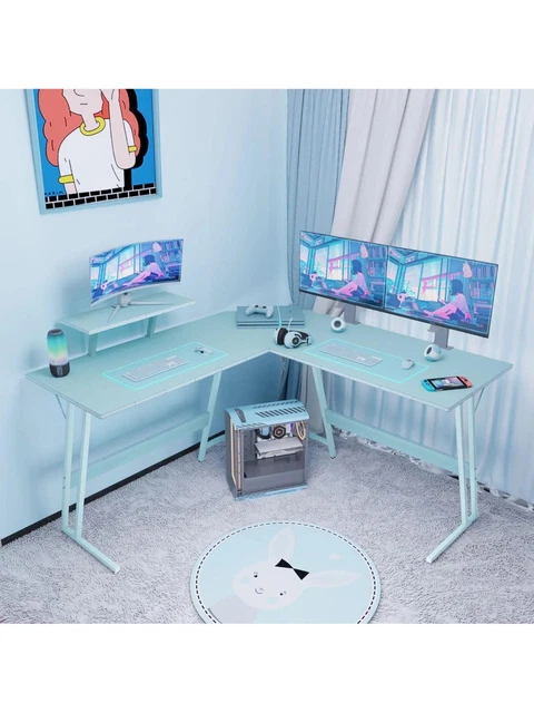 L SHAPED COMPUTER Corner Desk PC Gaming Table With Monitor Riser Stand ...