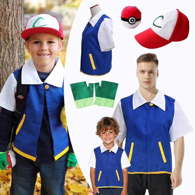 KIDS POKEMON ASH Ketchum Trainer Costume Cosplay Shirt Jacket+Gloves ...