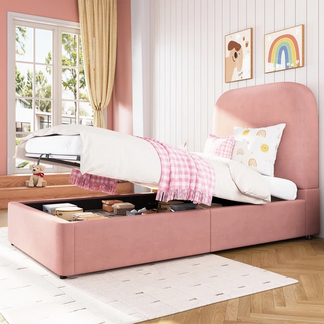 VELVET UPHOLSTERED KIDS Single Ottoman Bed with Hydraulic Storage ...