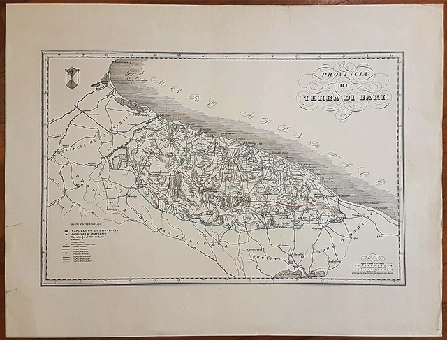 STAMPA ANTICA MAPPA carta geografica RARA terra di Bari puglia 1856 F ...