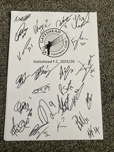 GATESHEAD FOOTBALL CLUB 2025/26 A4 Signed Sheet including Sheaf Grayson ...