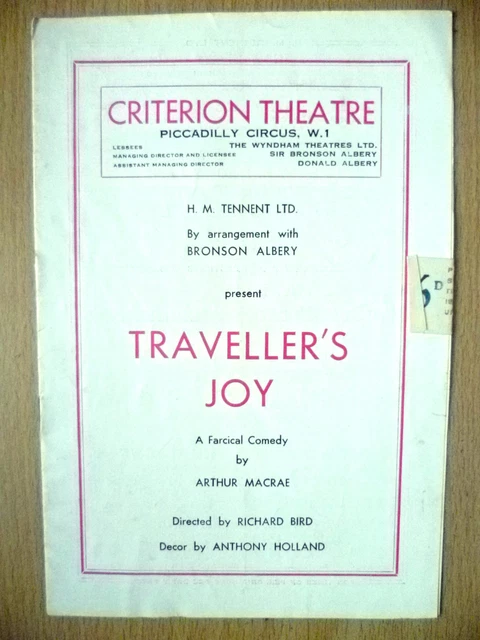CRITERION THEATRE PROGRAMME- H M Tennent's TRAVELLER'S JOY by Arthur ...