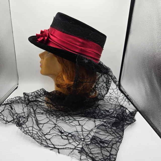 STAGE COACH GOTHIC Black Velvet Red Bow Touring Costume Hat Web Lace ...
