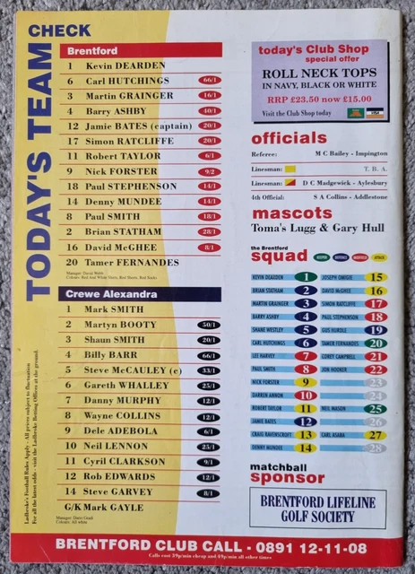 BRENTFORD VS CREWE Alexandra 4/3/1995 Football Programme £0.63 ...