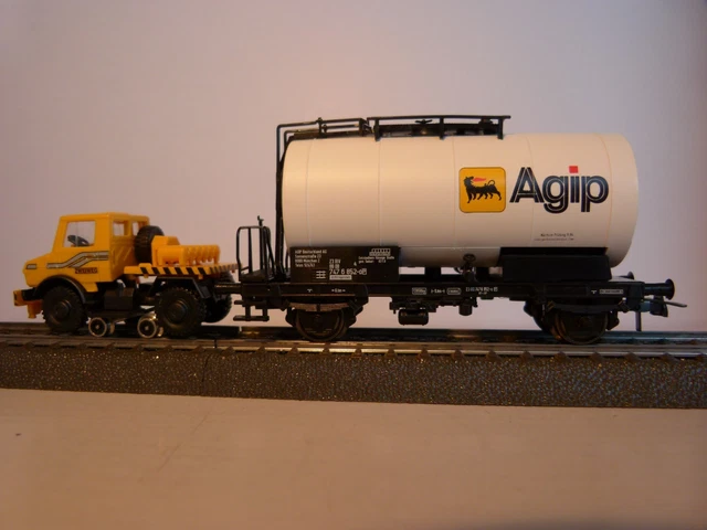 ROCO AUTO+WAGGON 1909, Zweiwege Unimog, Agip Kessel, OVP, H0 EUR 19,90 ...