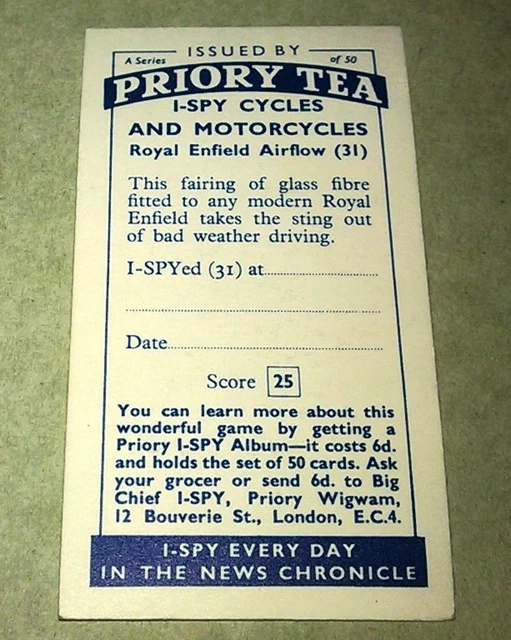 1963 ROYAL ENFIELD AIRFLOW Orig Priory Tea I SPY Trade Card $9.95 ...