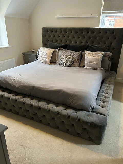 SUPER KING SIZE Bed Frame Light Grey Upholstered Fabric Tufted ...