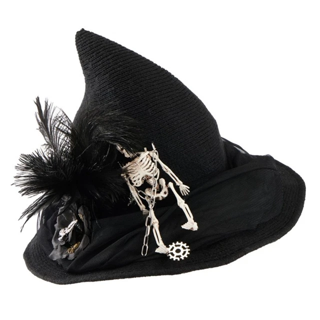 SPOOKY WITCH HAT for Halloween Party Skeleton Feather Accessories Retro ...