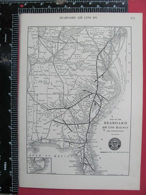 SEABOARD AIR LINE RAILROAD 1924 SYSTEM MAP ROUTES CONNECTING RRs £17.35 ...