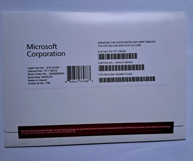 MICROSOFT WINDOWS SERVER 2025 Datacentre 64 bit ENG DSP OEI 32 core DVD ...