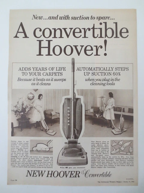 VINTAGE AUSTRALIAN ADVERTISING 1962 ad HOOVER CONVERTIBLE VACUUM ...