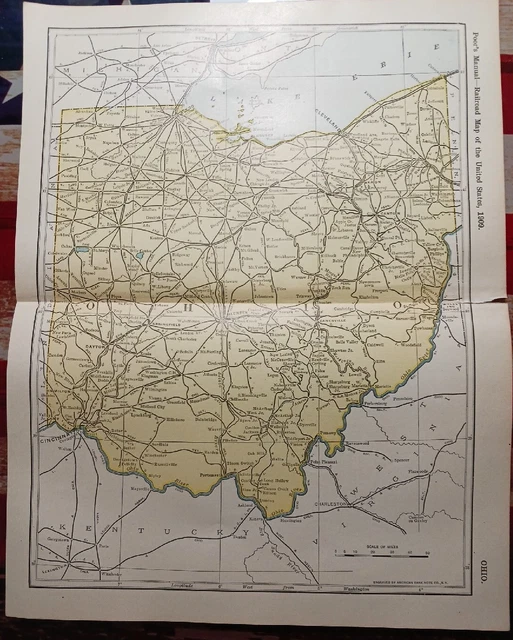ANTIQUE 1909 RAILROAD Route Map OHIO all train Lines ~ 9" X 11" depots ...