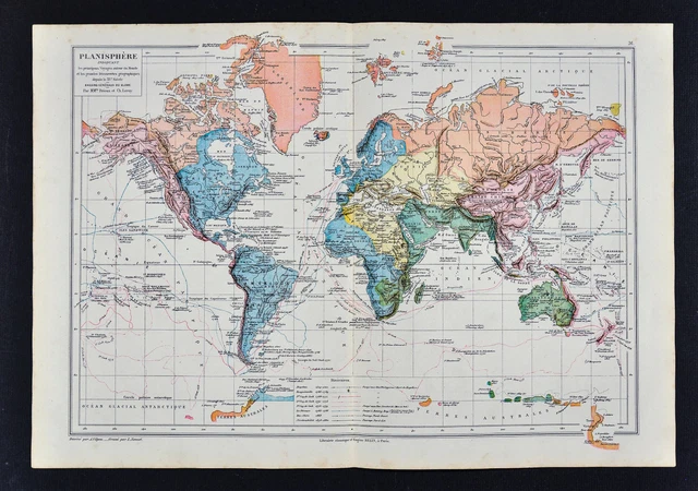1885 DRIOUX MAP - World Planisphere Physical River Basins Discovery ...