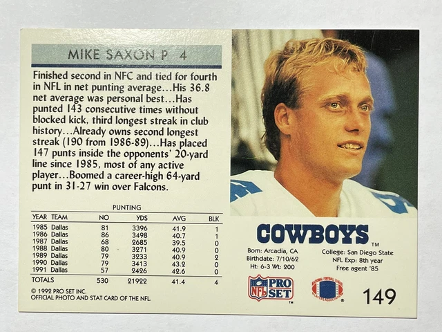 ENSEMBLE PROFESSIONNEL CARTE football Mike Saxon Dallas Cowboys ...