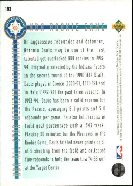 CARTE BASKETBALL 1993-94 Upper Deck SE Indiana Pacers #193 Antonio Davis ASW EUR 1,88 - PicClick FR