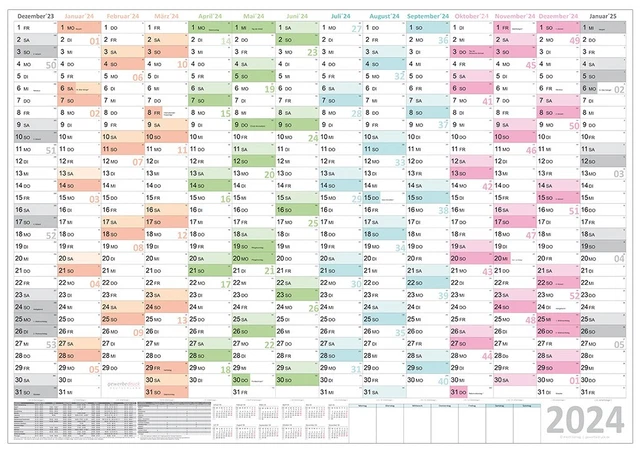 MEGA-XXL WANDKALENDER 2024 Color-A0 119 x 84 cm 14 Monate, Schulferien ...