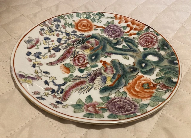 VIBRANT CHINESE PORCELAIN plate featuring a detailed phoenix and floral ...