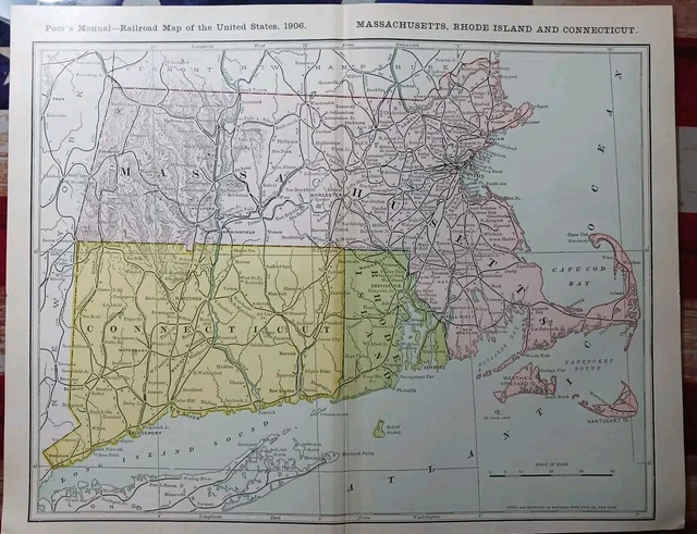 1906 DATED TRAIN Route Map Massachusetts Connecticut all Railroad Lines ...