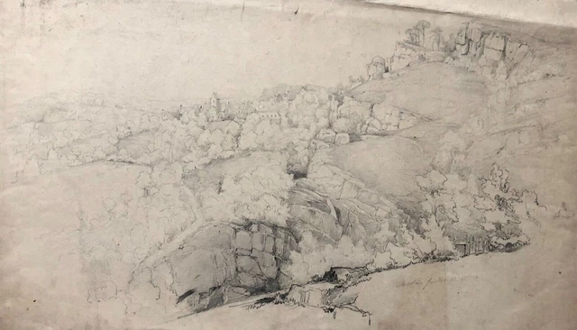 VECCHIO DISEGNO DATATO 1839, Il villaggio di Mortain, Miniera di piombo ...