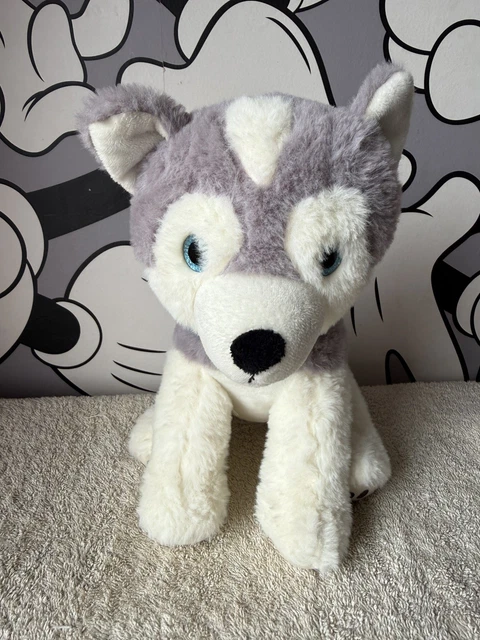 HUSKY DOG 10” Sitting Plush Toy Grey White Sparkly Blue Collar HB ...