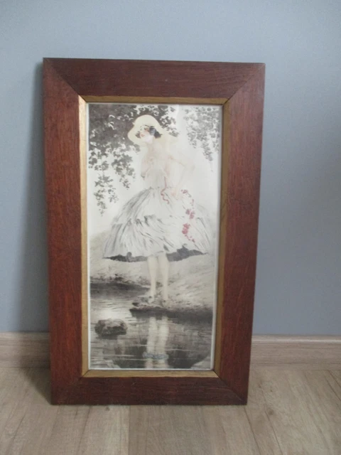 TABLEAU LITHO / Gravure Art Déco signé Georges Grellet Femme bord de l ...