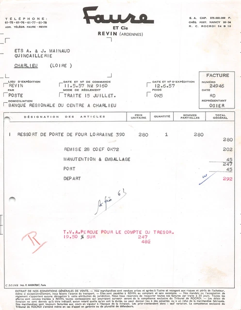 1957 FAURE ET Cie A Revin - Ets Mainaud Quincaillerie A Charlieu EUR 10 ...