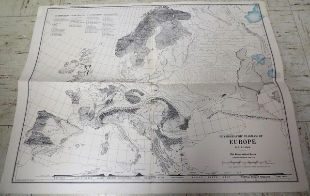 PHYSIOGRAPHIC DIAGRAM MAP Of Europe A. K. Lobeck 1923 Small Scale ...