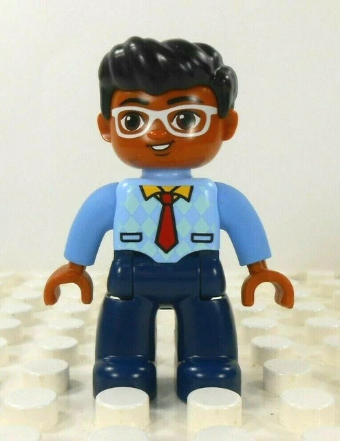 LEGO DUPLO FIGURE African American Man black hair w/ white glasses lt ...