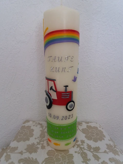 TAUFKERZE, KERZE MIT Traktor, Regenbogen, Sonne, Tauben, Spruch, Name ...