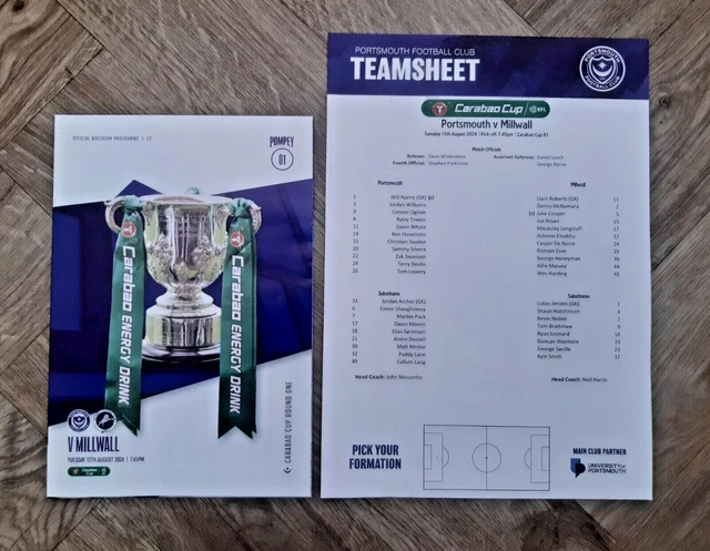 PORTSMOUTH FC V Millwall Fc Carabao Cup 1st round £3.00 - PicClick UK
