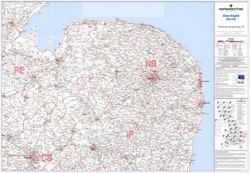 EAST ANGLIA POSTCODE Sector Wall Map- Postcode Sector Map 15 ...