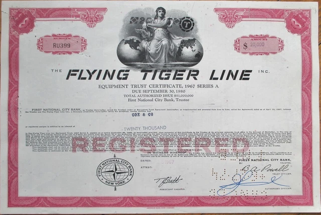 FLYING TIGER LINE 1967 Aviation Bond Certificate, Cargo Airline Tigers ...