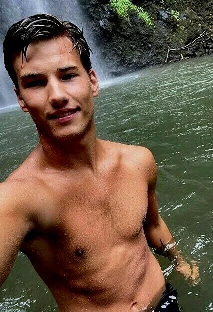 Shirtless Male Beefcake Swimmers Lean Build Physique Water Fall Photo