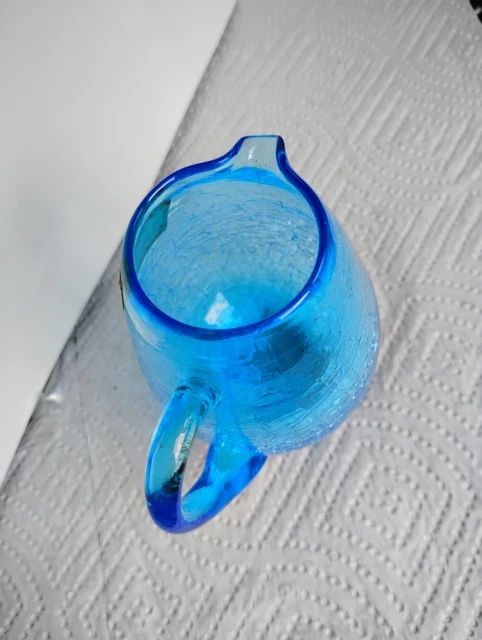 VINTAGE PILGRIM ART Glass Sky Blue Crackle Glass Pitcher w Handle 3.5 ...