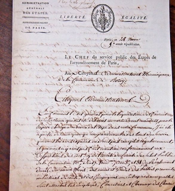 REVOLUTION 1797 LETTER from the service of military stages and supplies ...