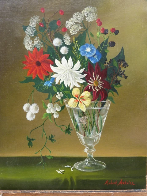 TABLEAU HUILE SUR toile signé Robert Antoine, Nature Morte Bouquet de ...