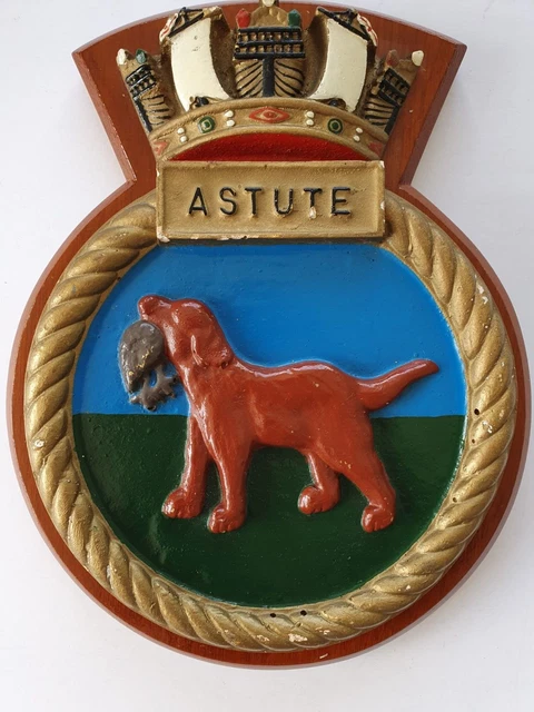 RARE VINTAGE HMS ASTUTE SHIPS CREST ...ORIGINAL.... MEASURES 10.5 x 8 ...