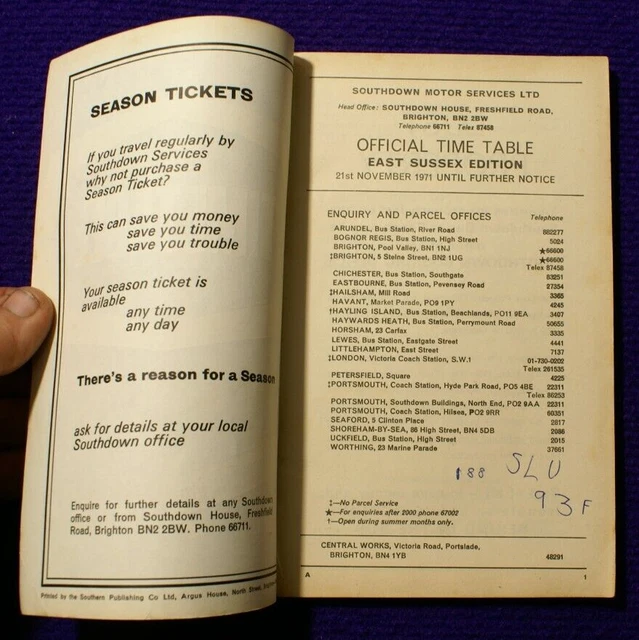SOUTHDOWN MOTOR SERVICES Bus Coach Timetable Map East Sussex Edition 21 ...