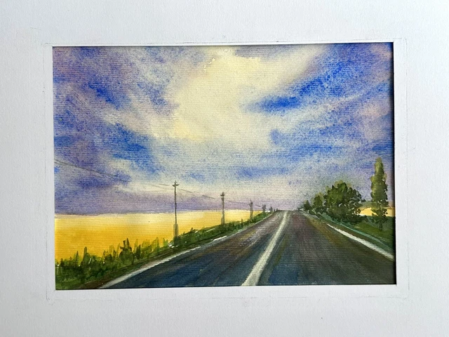 ORIGINAL PAINTING WATERCOLOUR wheat field road Sunset landscape Summer ...