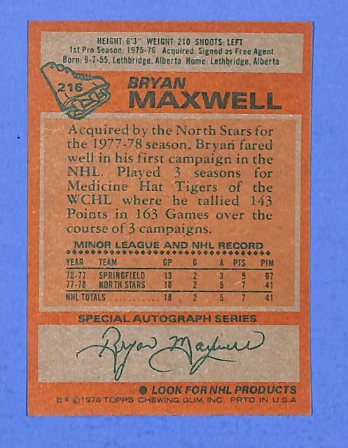 1978 TOPPS HOCKEY 216 Bryan Maxwell comme neuf - cartes RILEYS EUR 1,47 ...