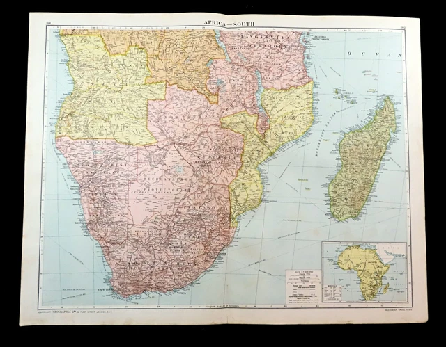 MAP OF SOUTH Africa Rhodesia Cape of Good Hope Post WW1 Antique Large ...