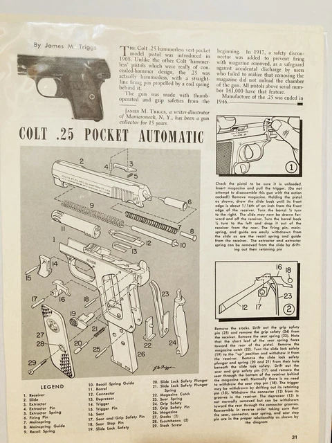 COLT AUTOMATIC .25 Pocket Automatic Takedown Exploded View Legend £11. ...
