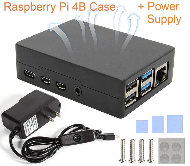 BLACK ALUMINUM RPI Raspberry Pi 4B Case Enclosure Box *PLUS* 5V/3A ...