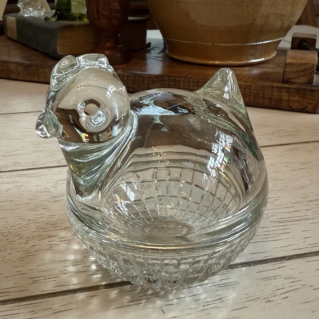 VINTAGE ANCHOR HOCKING Heavy Clear Glass Hen On Nest Candy Trinket Dish ...
